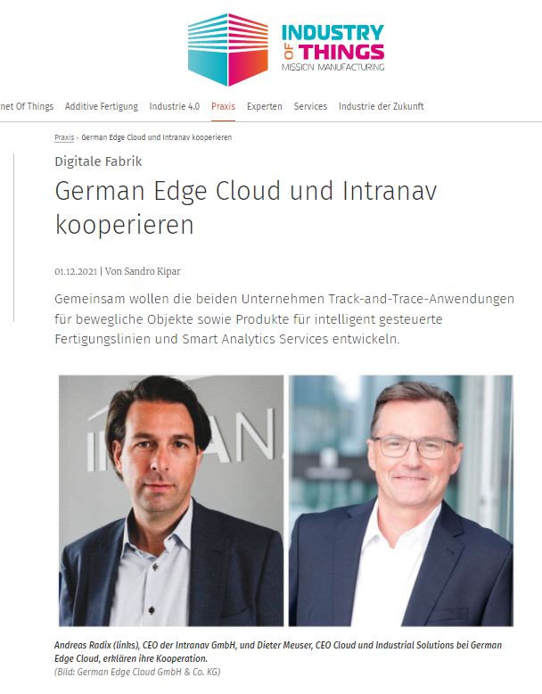 German Edge Cloud und Intranav kooperieren - Leading RTLS IoT Platform & Location Service Provider